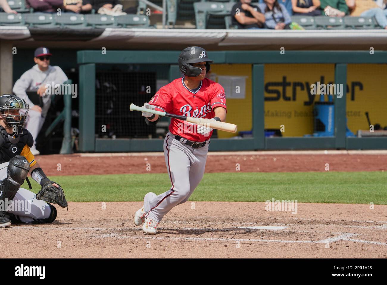 Salt Lake UT, USA. 22nd Apr, 2023. Reno centerfielder Jorge Barrosa (1 ...