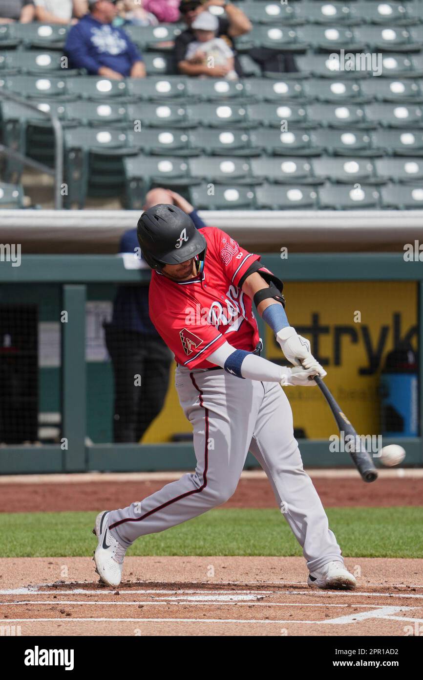 April 22 2023: Reno first baseman Phillip Evans (24) gets a hit during ...