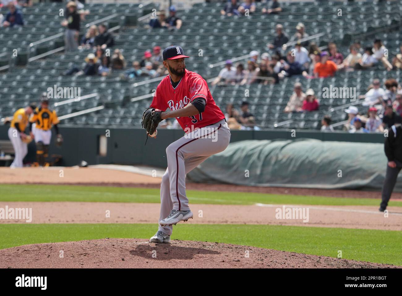 Salt Lake UT, USA. 22nd Apr, 2023. Reno pitcher Endrtys Briceno (37 ...