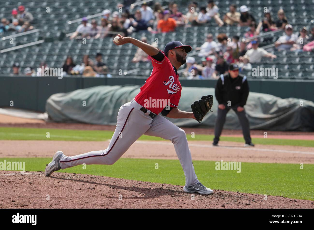 Salt Lake UT, USA. 22nd Apr, 2023. Reno pitcher Endrtys Briceno (37 ...