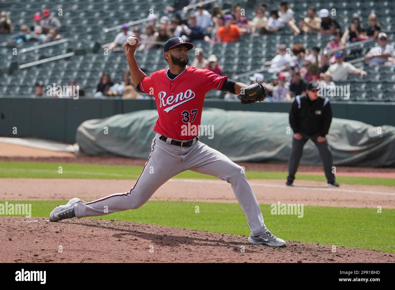 Salt Lake UT, USA. 22nd Apr, 2023. Reno pitcher Endrtys Briceno (37 ...