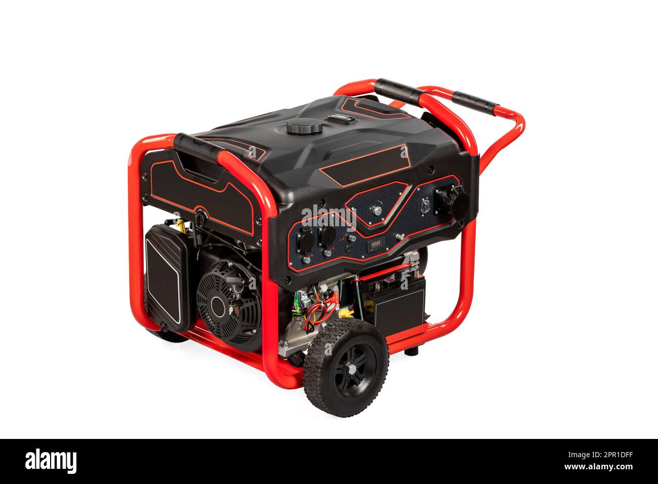 Red and black portable electric gas generator isolated on white for ...