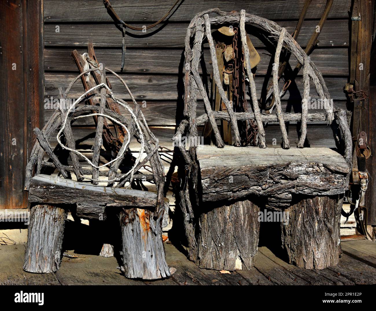 Two ultra rustic chairs are composed of log stumps, split log for seats ...