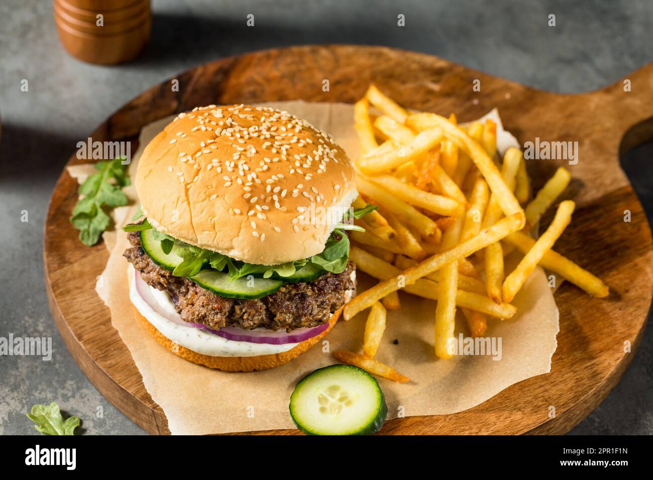 Homemade Healthy Lamb Burger with French Fries Stock Photo - Alamy