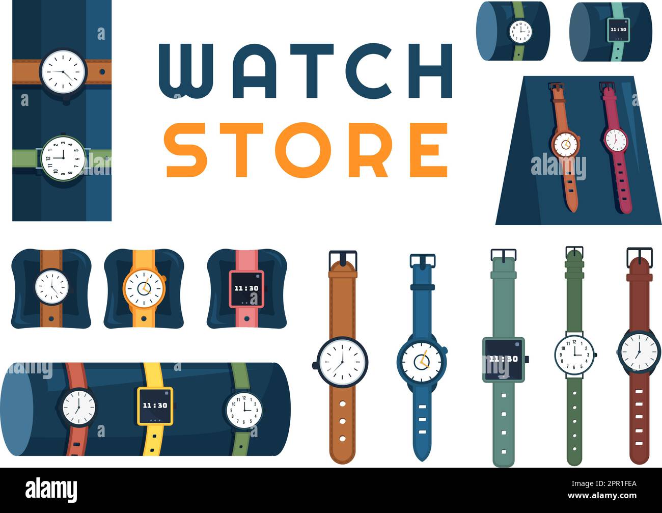 Watches Store with Various Models, Analog and Digital in Flat Cartoon ...