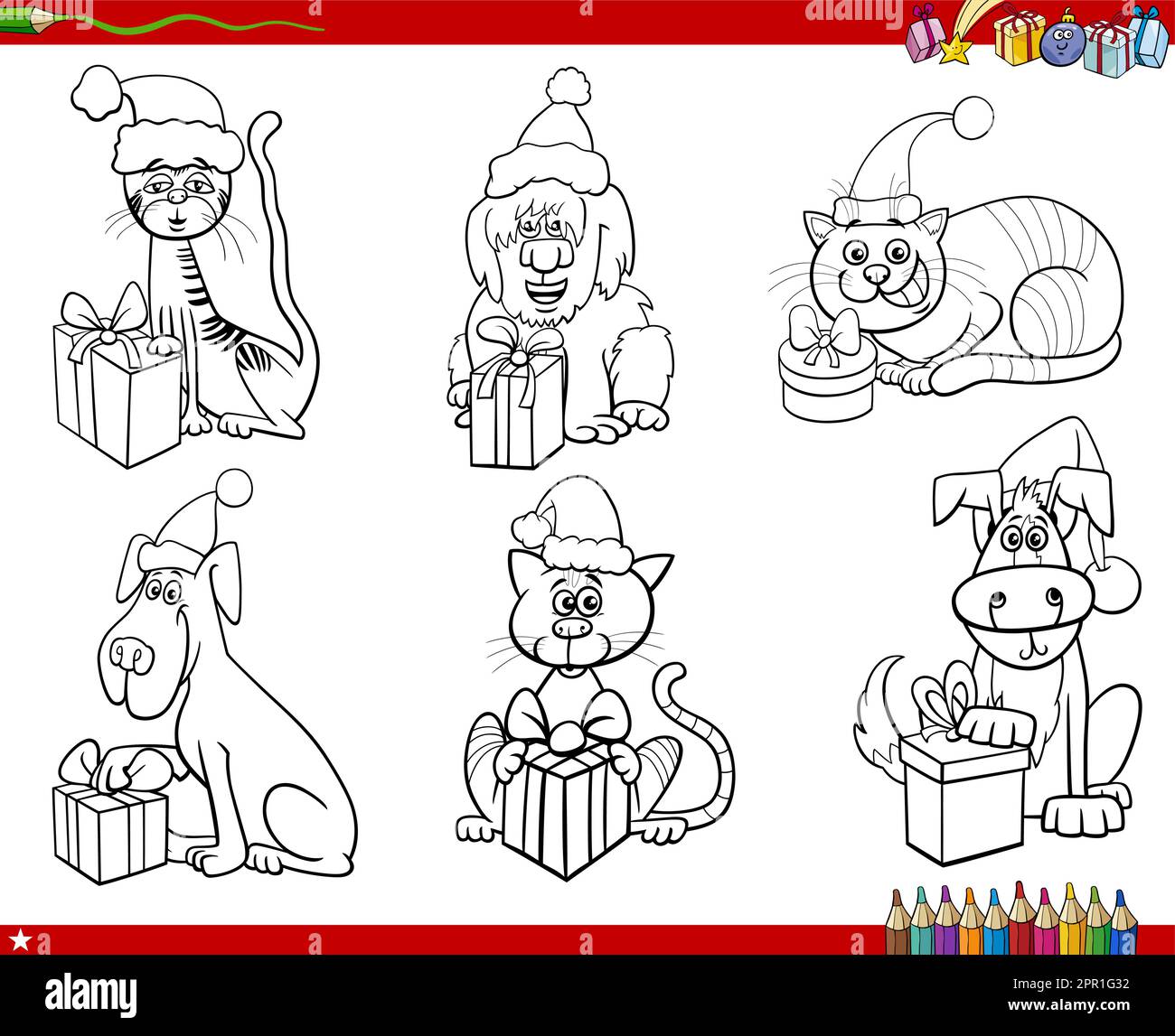 cartoon dogs and cats with Christmas gifts set coloring page Stock ...