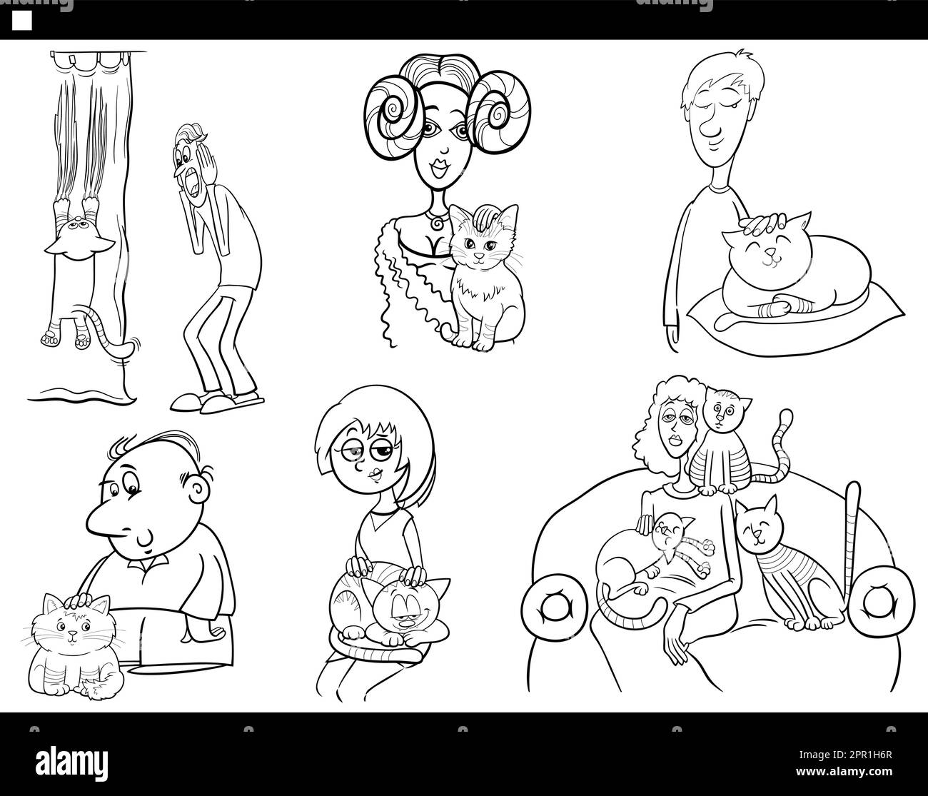 cartoon pet owners with their cats comic set coloring page Stock Vector ...