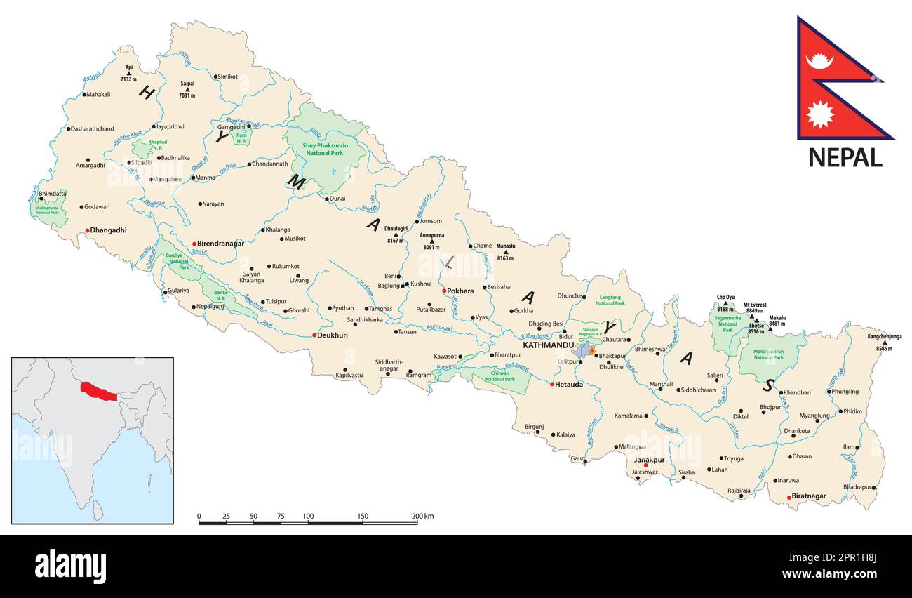 Detailed map of the Asian Himalayan state of Nepal Stock Vector Image ...