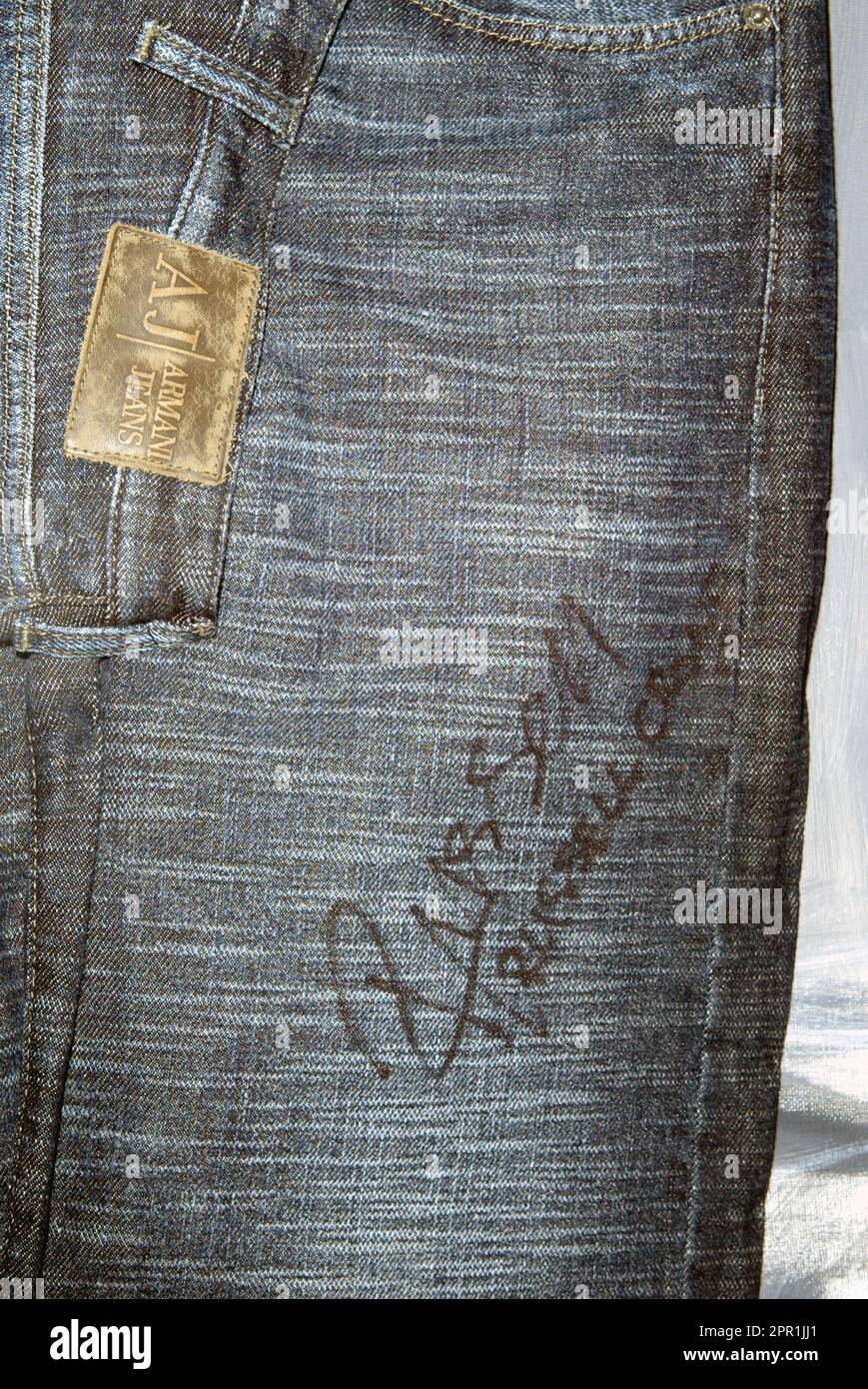 Denim jeans autographed by Russell Crowe for Jeans For Genes Day. The ...