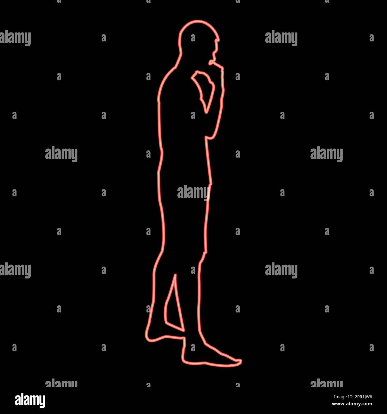 Neon thinking man standing silhouette pensive person side view icon red ...