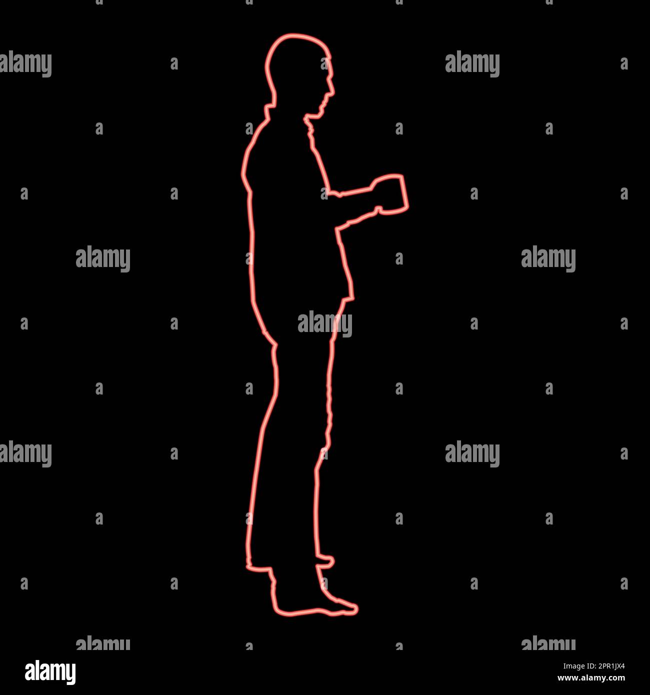 Neon man with mug standing red color vector illustration image flat ...