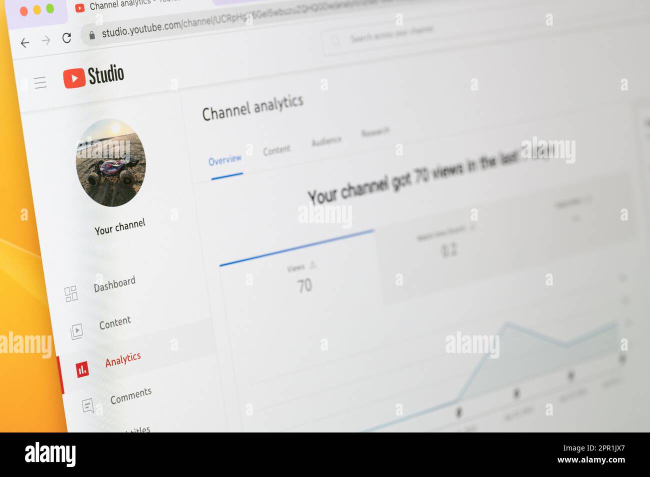 New york, USA - April 25, 2023: Youtube channel analytics on laptop ...