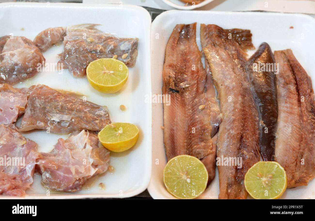 Traditional meal of Fesikh which is fermented, salted and dried gray ...