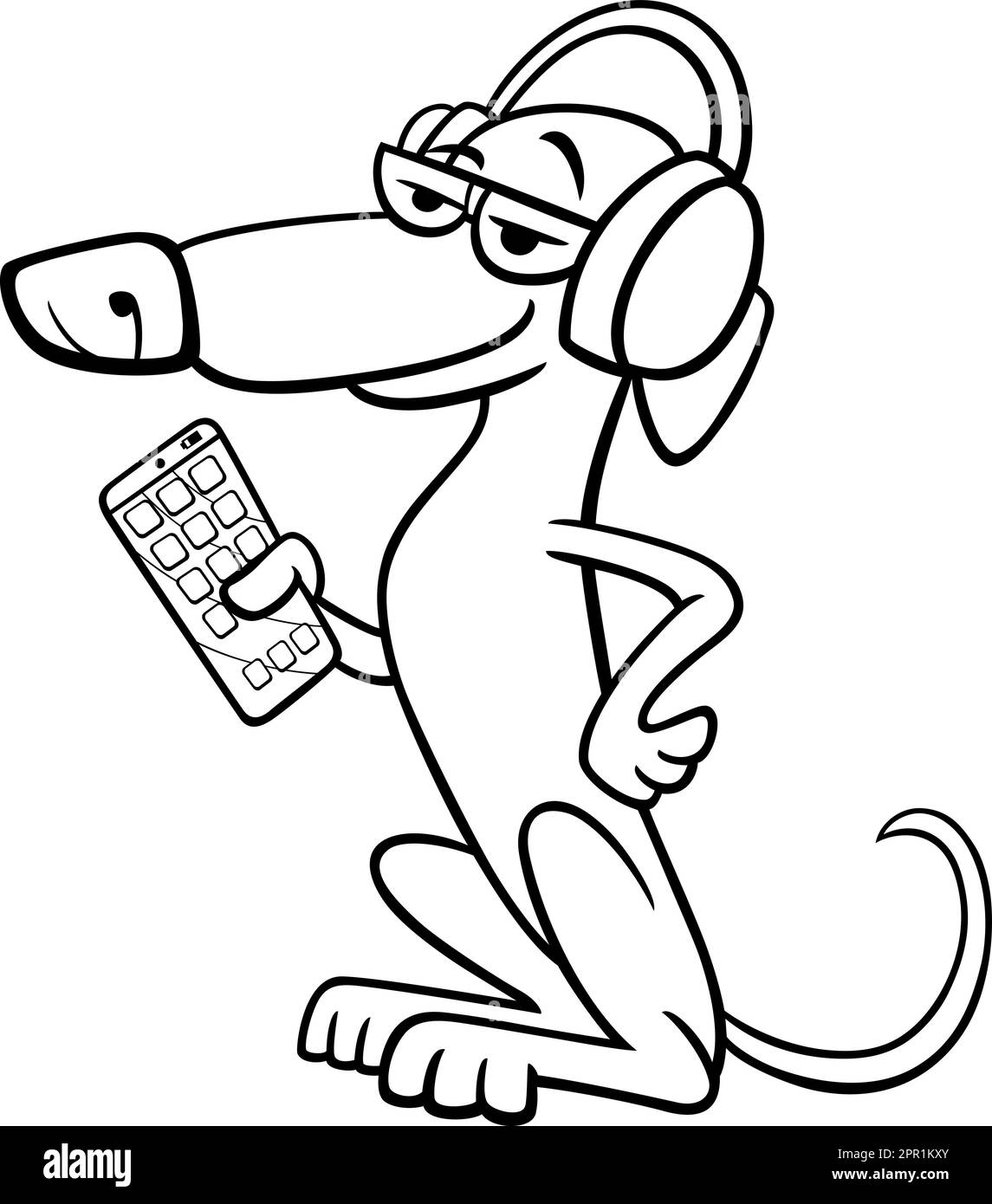 cartoon dog character listening to the music coloring page Stock Vector ...