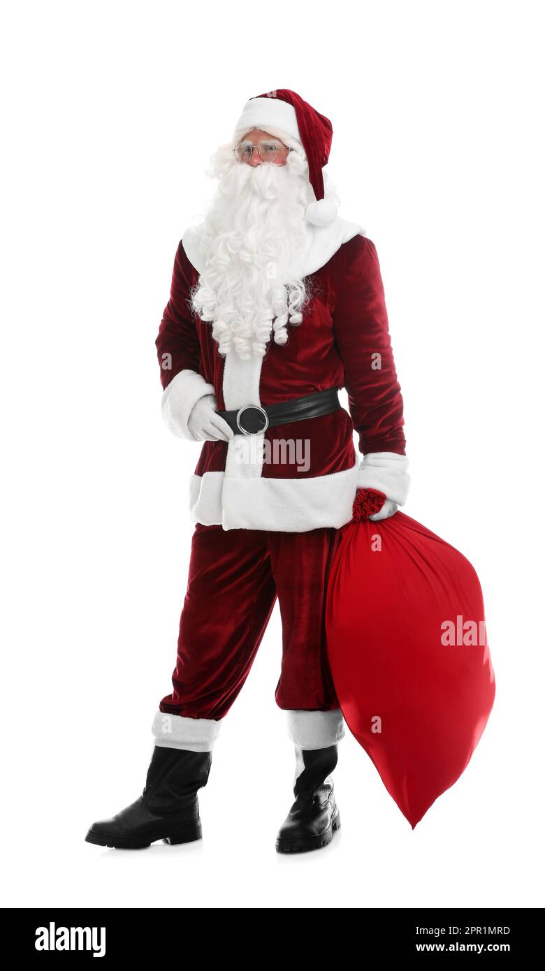 Santa Claus with sack on white background Stock Photo - Alamy