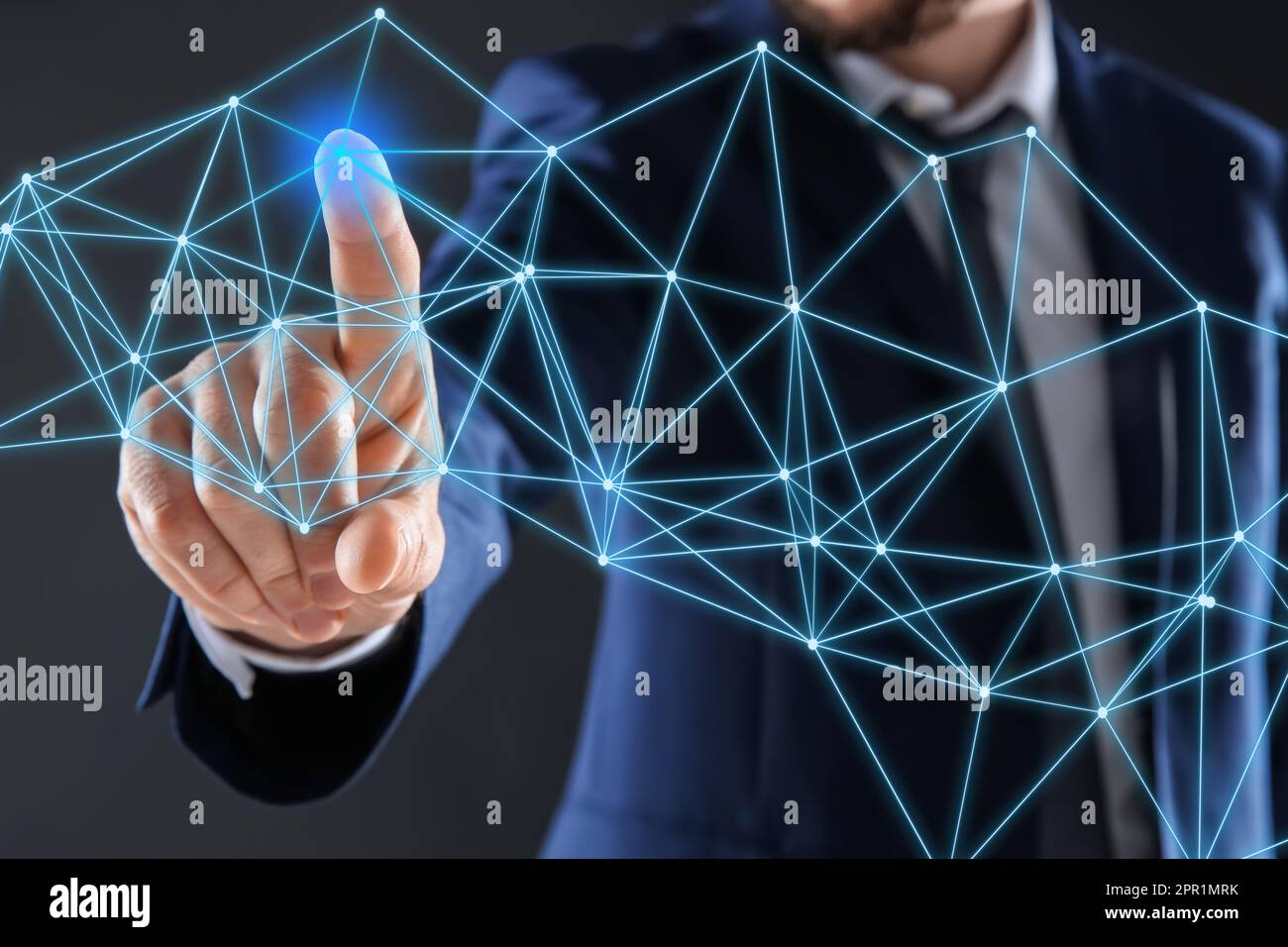 Man using virtual screen with connection lines presenting innovation ...