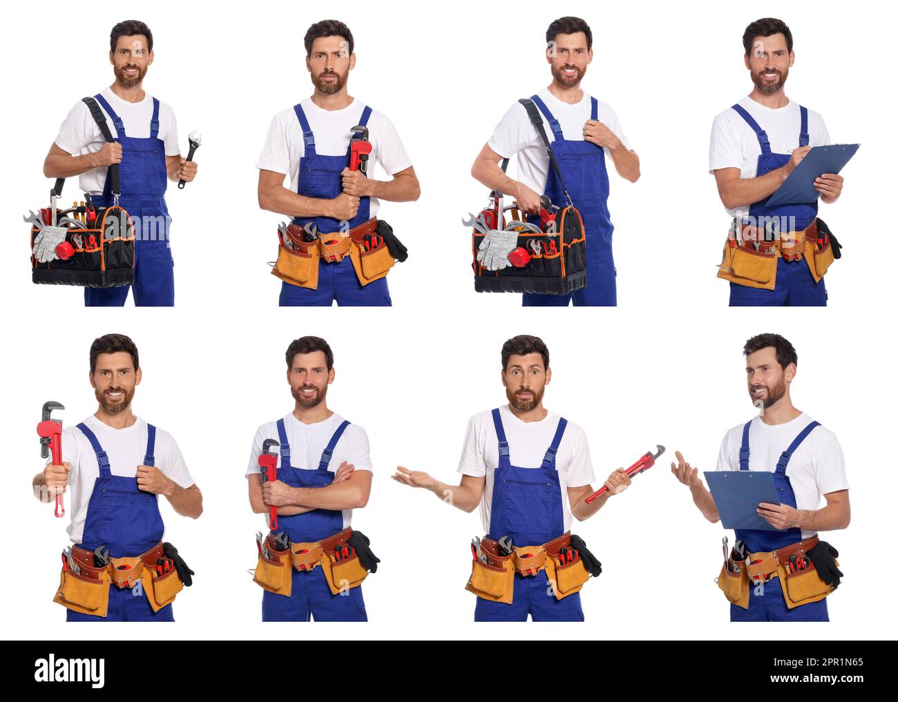 Collage with photos of professional plumber on white background Stock ...