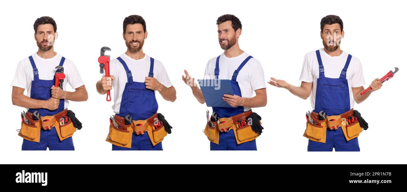 Collage with photos of professional plumber on white background. Banner ...