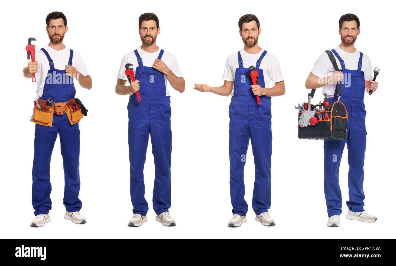 Collage with photos of professional plumber on white background Stock ...