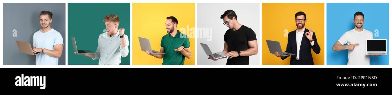 Collage with photos of men holding modern laptops on different color ...