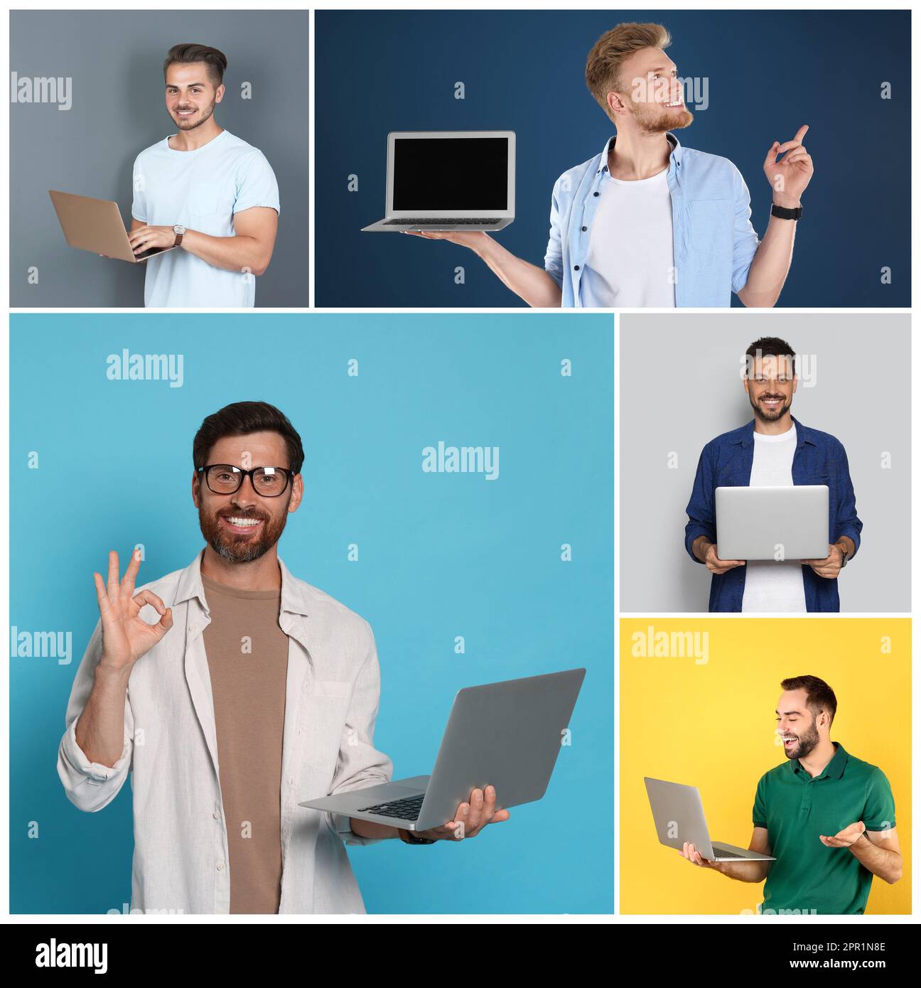 Collage with photos of men holding modern laptops on different color ...