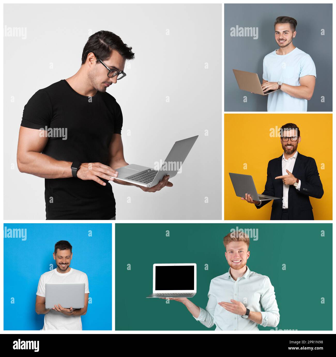 Collage with photos of men holding modern laptops on different color ...