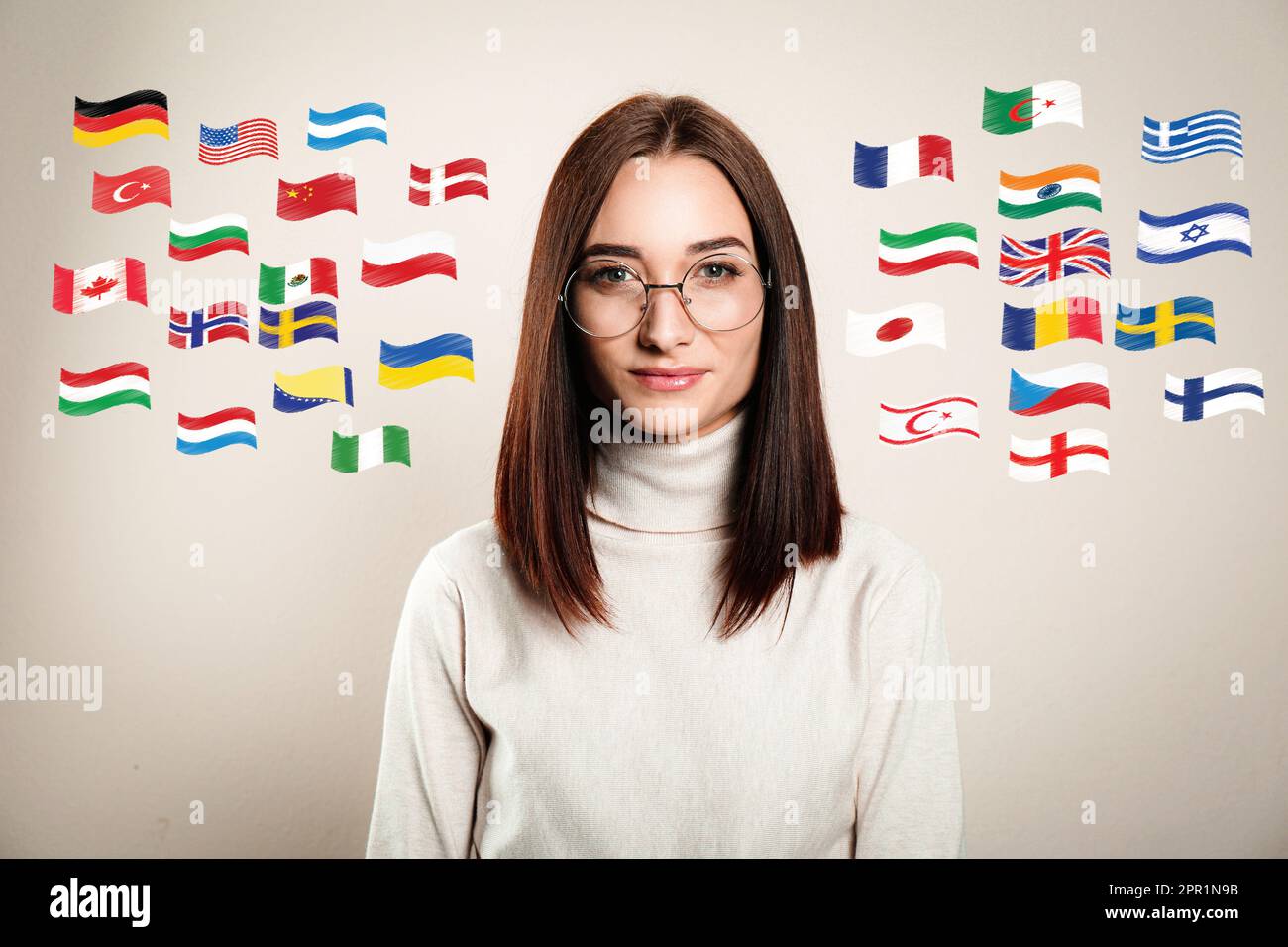 Portrait of interpreter and flags of different countries on light ...