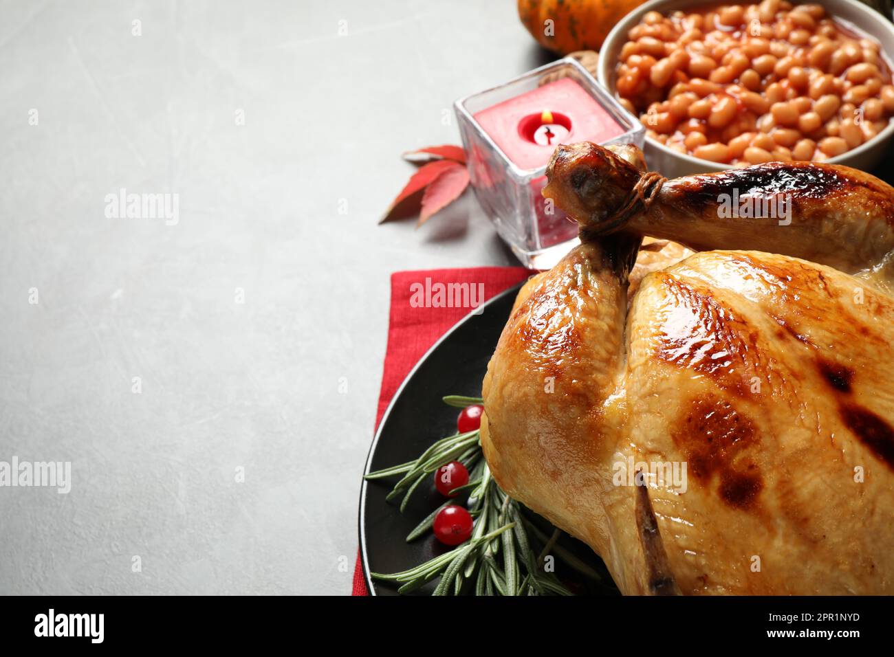 Traditional Thanksgiving day feast with delicious cooked turkey and ...