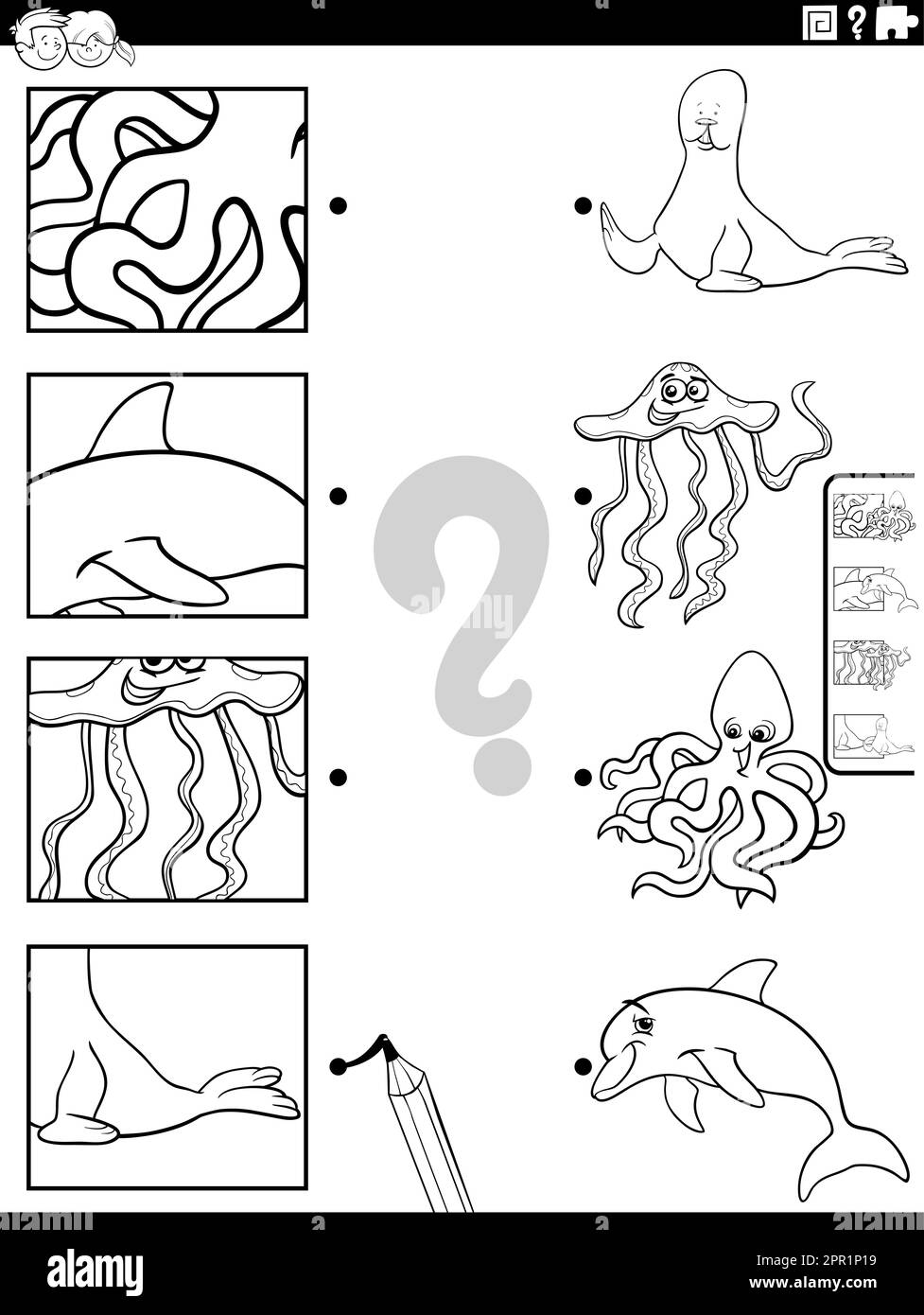 Black and white cartoon illustration of educational matching game with ...