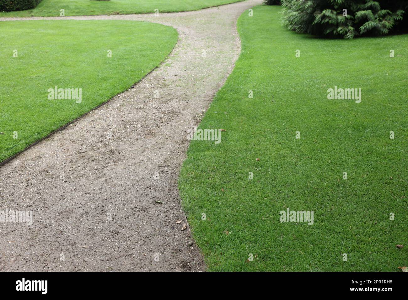 Pathway surrounded by beautiful green lawn outdoors. Landscape design ...