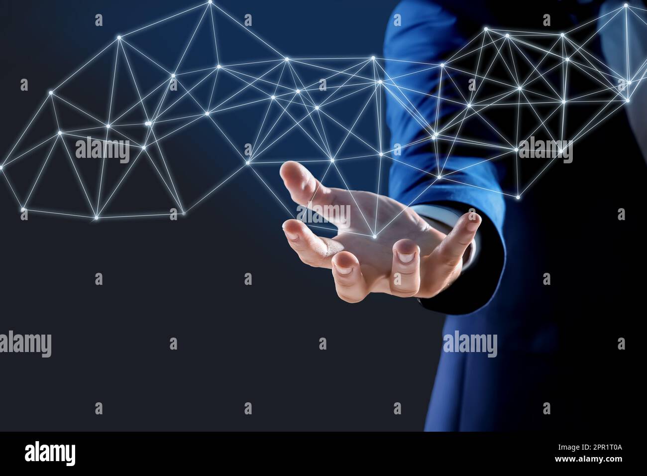 Man and image of virtual connection lines presenting innovation network ...
