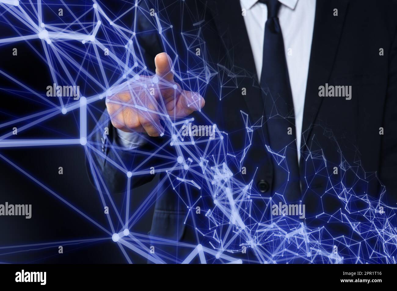 Man using virtual screen with connection lines presenting innovation ...