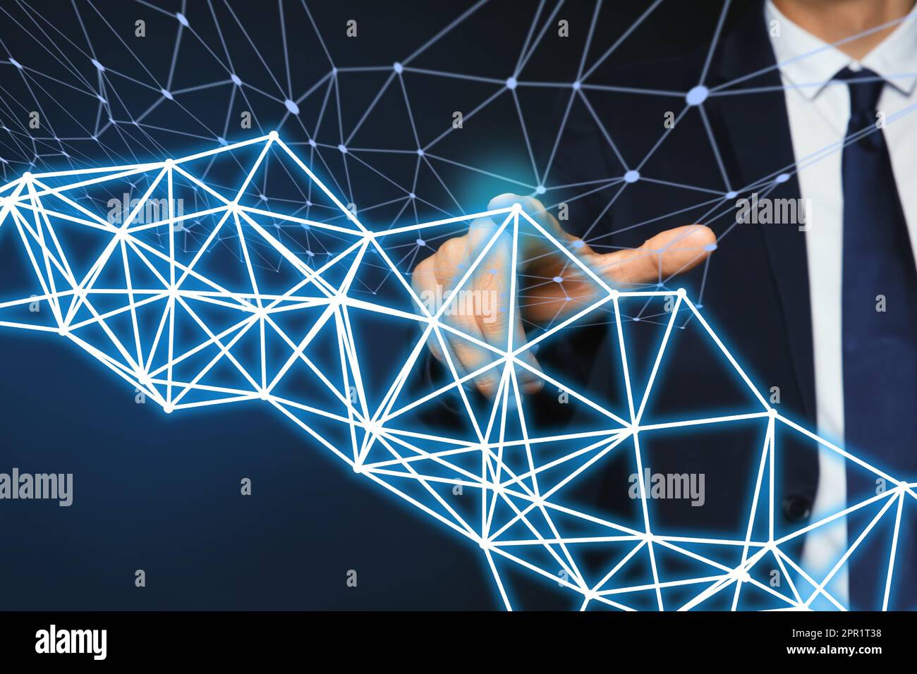 Man using virtual screen with connection lines presenting innovation ...