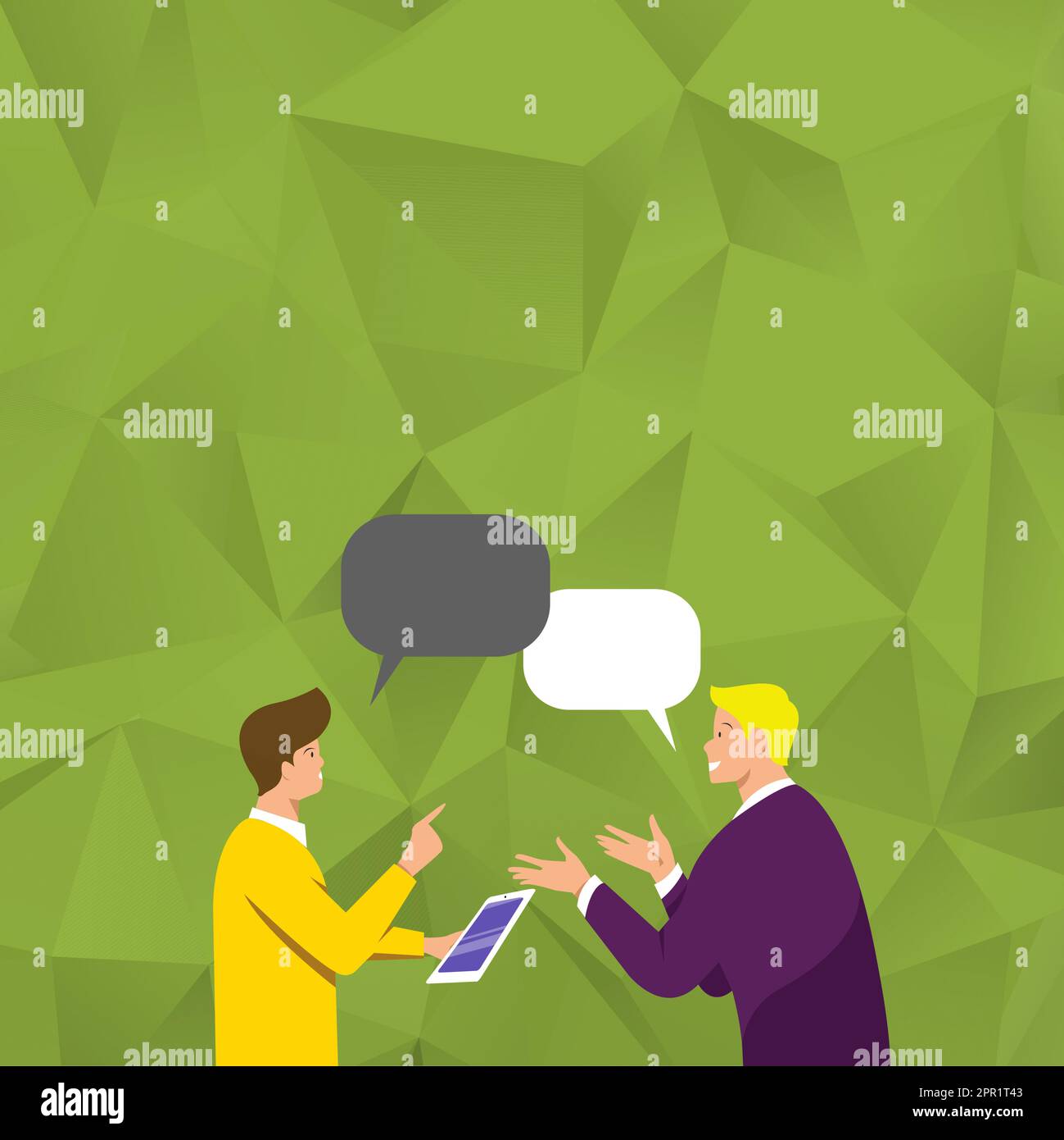 Two Men Colleagues Standing Sharing Thoughts Together With Speech ...