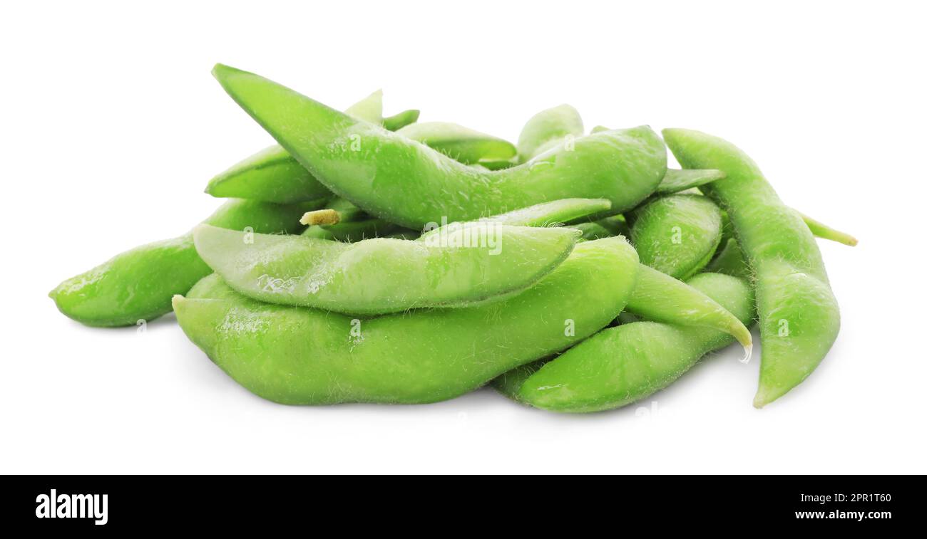 Fresh green edamame pods on white background Stock Photo - Alamy