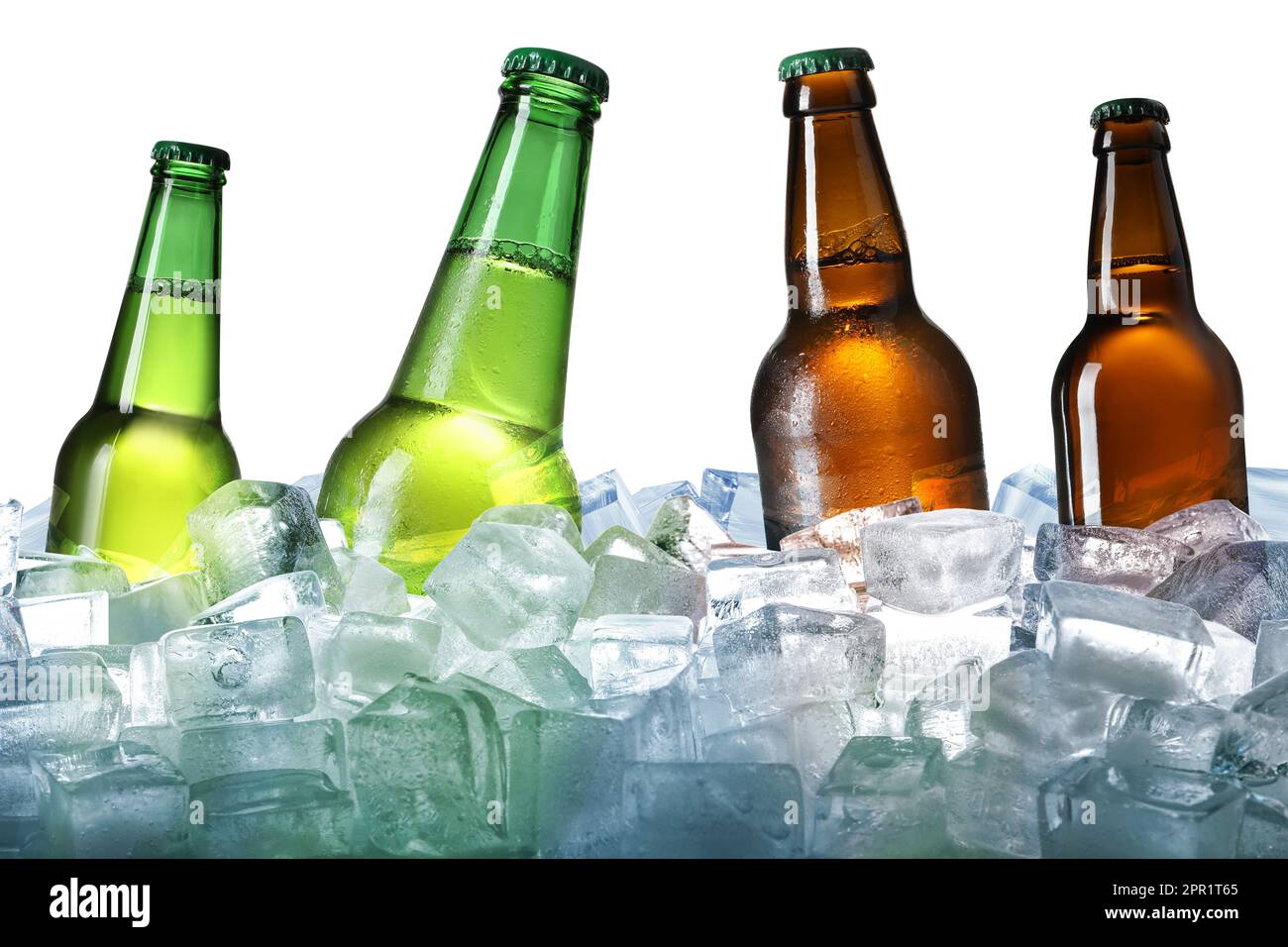Bottles of beer on ice cubes against white background Stock Photo - Alamy