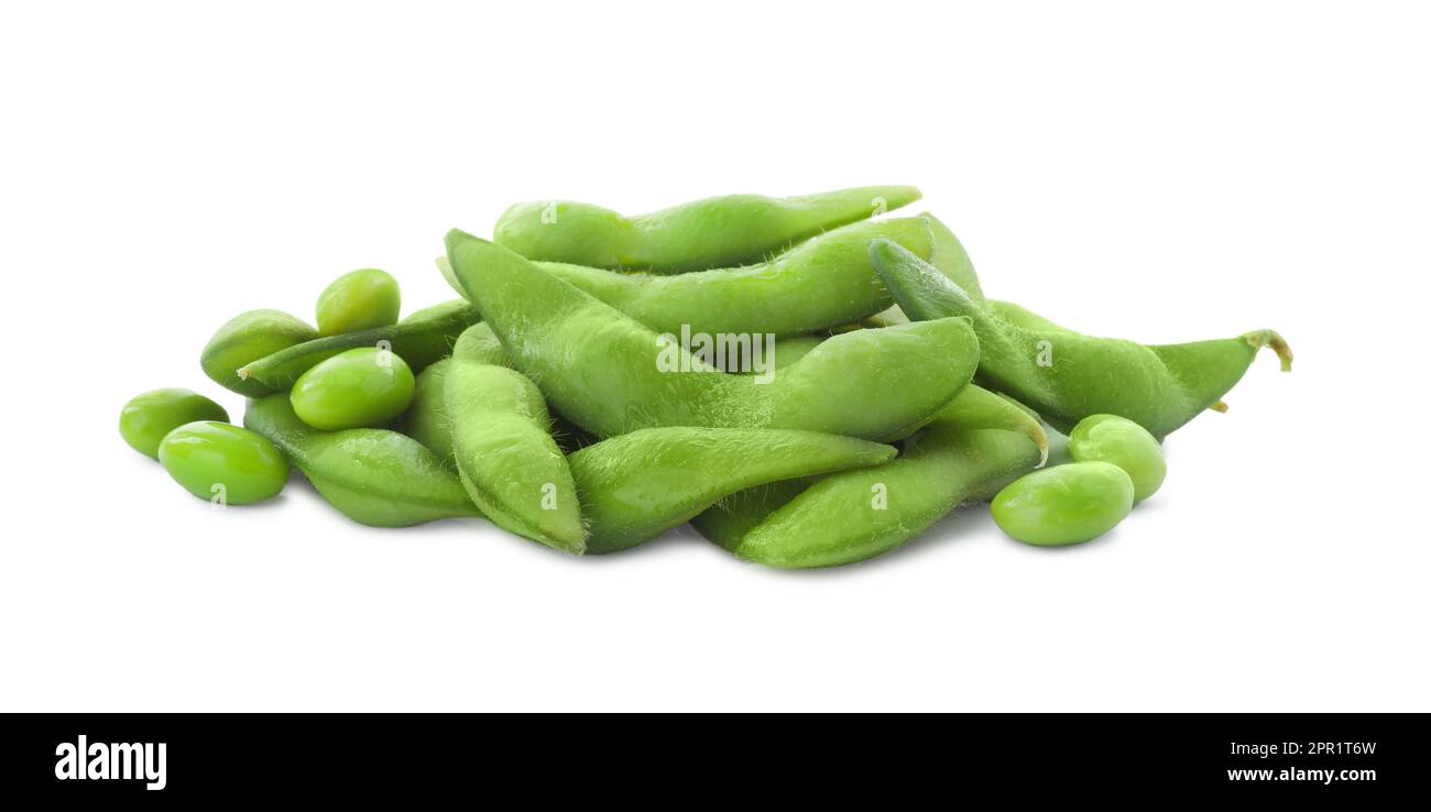 Fresh green edamame pods and beans on white background Stock Photo - Alamy