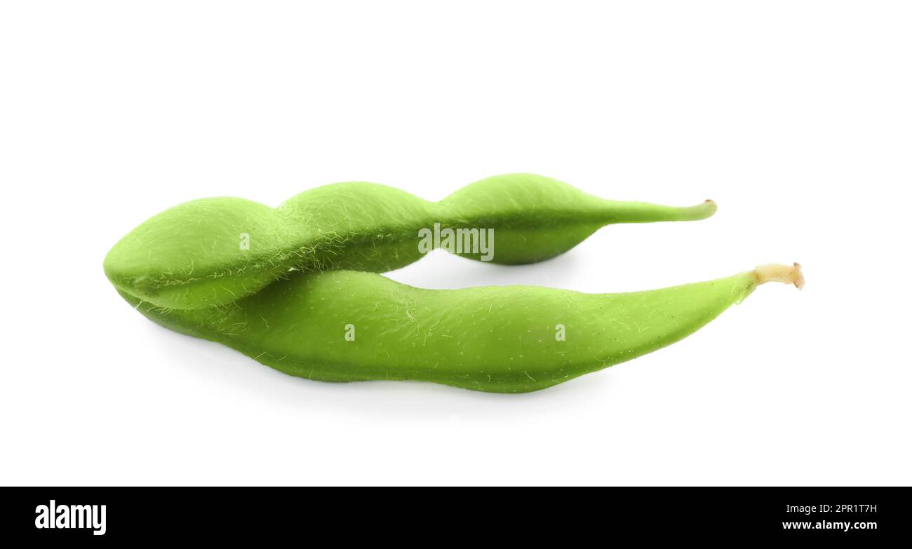 Raw green edamame pods on white background Stock Photo - Alamy