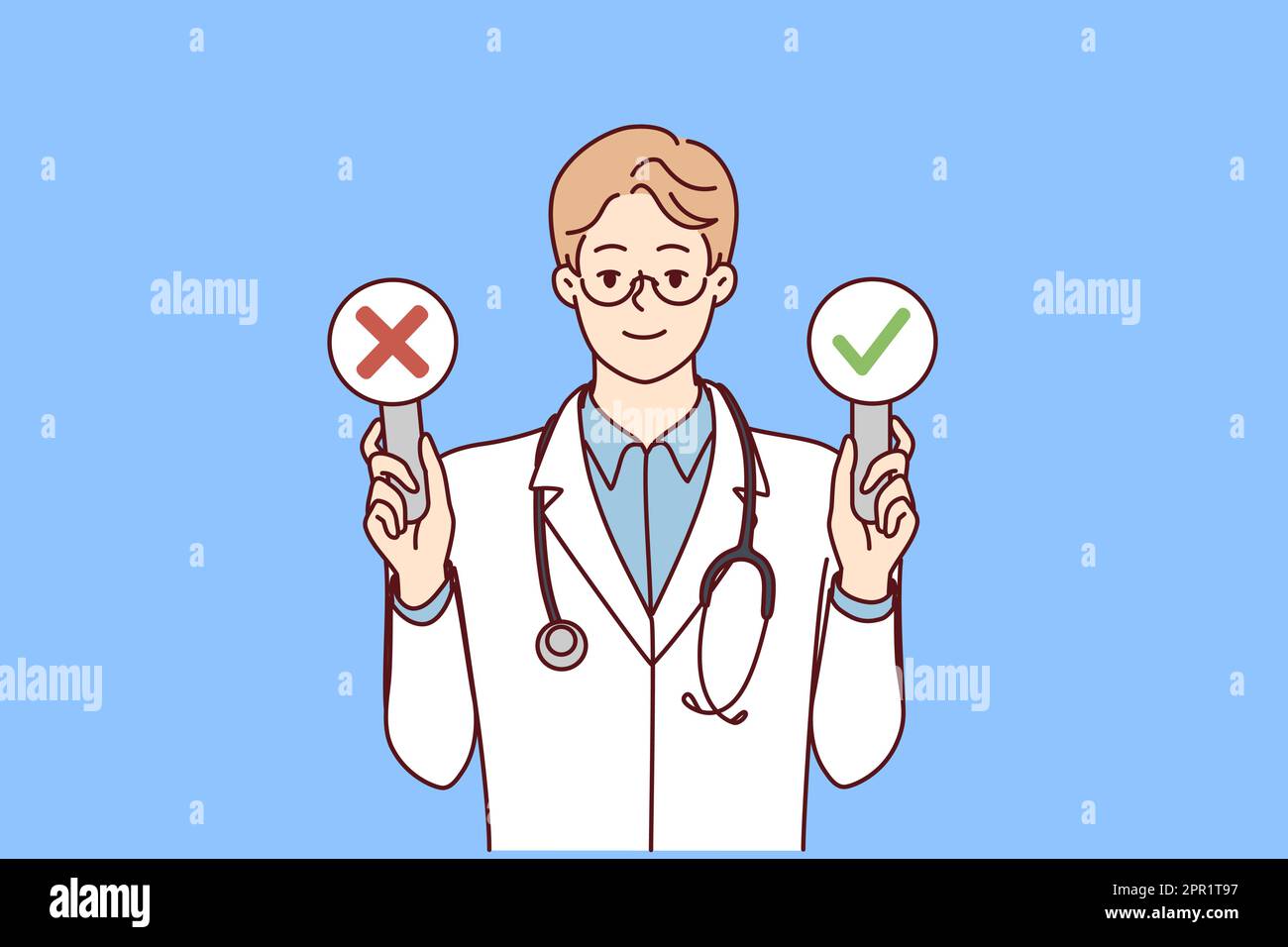 Man doctor with stethosop around neck demonstrates signs with check ...