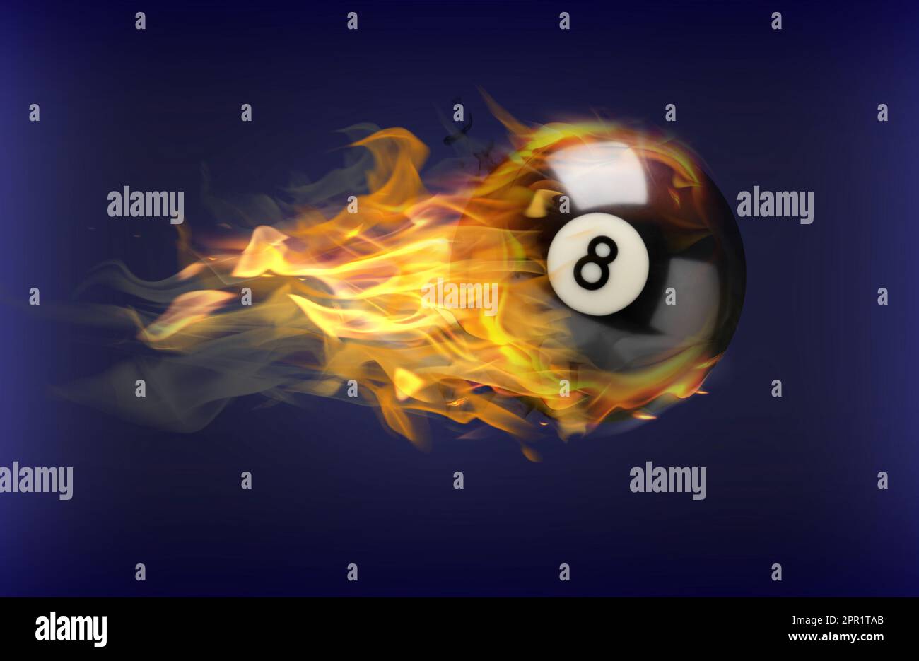 Billiard ball with number 8 in fire flying on blue background Stock ...