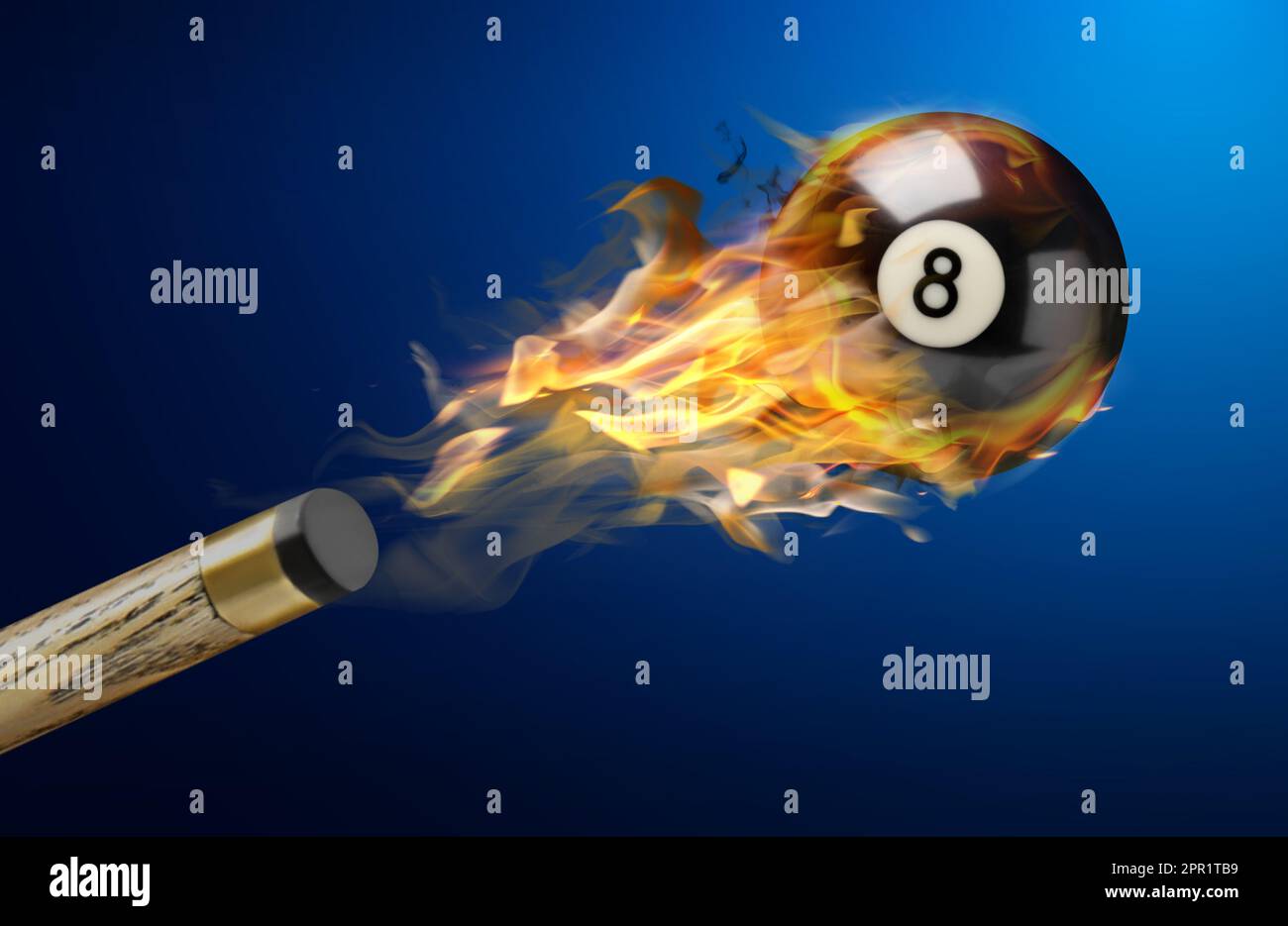 Cue and billiard ball with number 8 in fire flying on color background ...