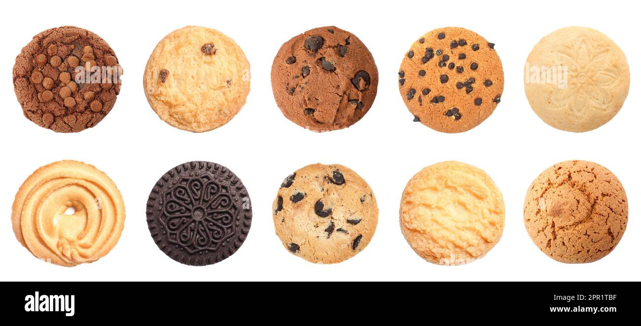 Set with delicious different cookies on white background, top view ...