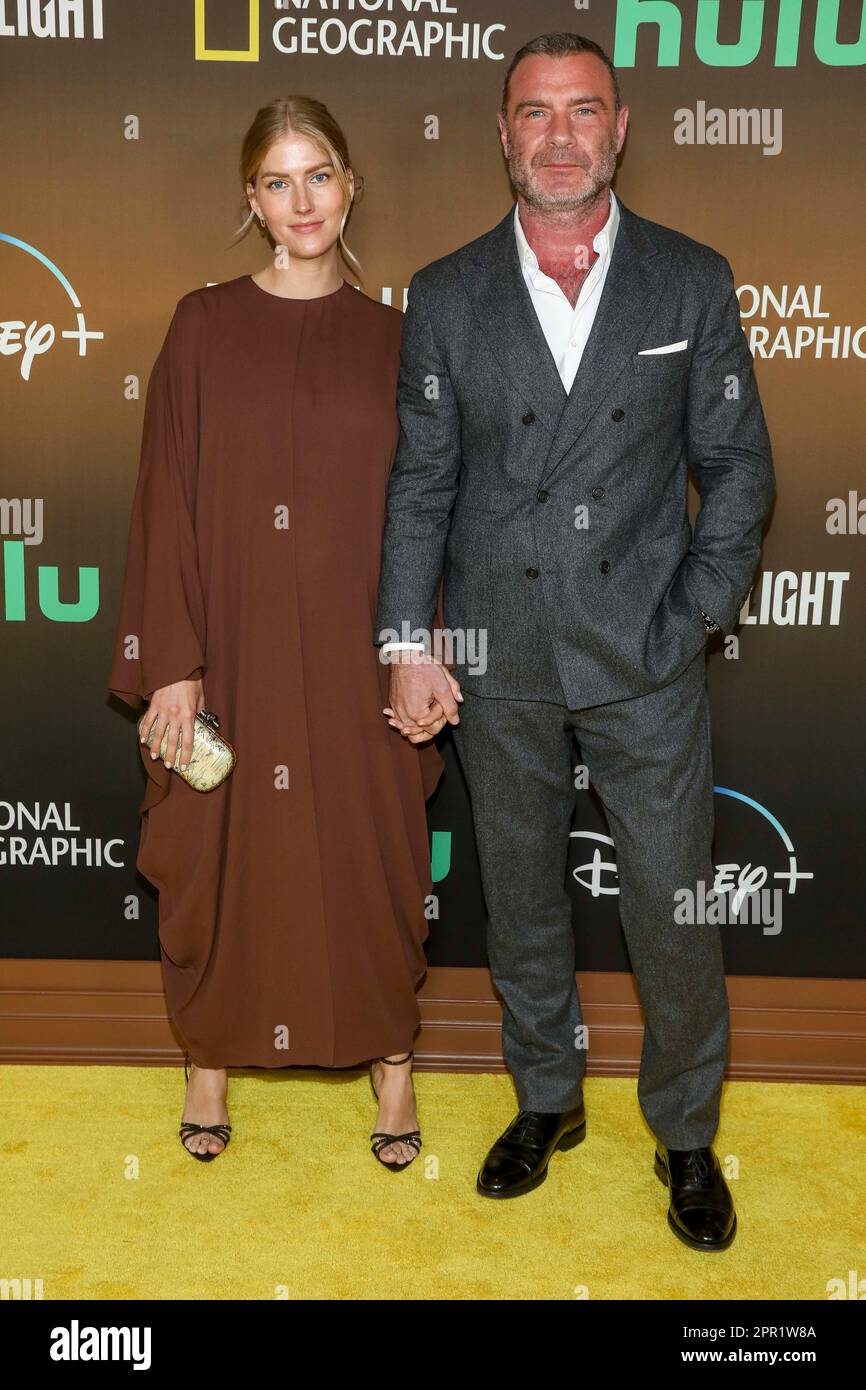 Model Taylor Neisen, left, and actor Liev Schreiber attend the premiere ...