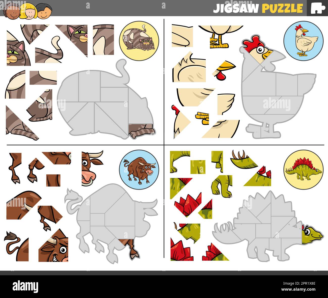 Cartoon illustration of educational jigsaw puzzle games set with animal ...