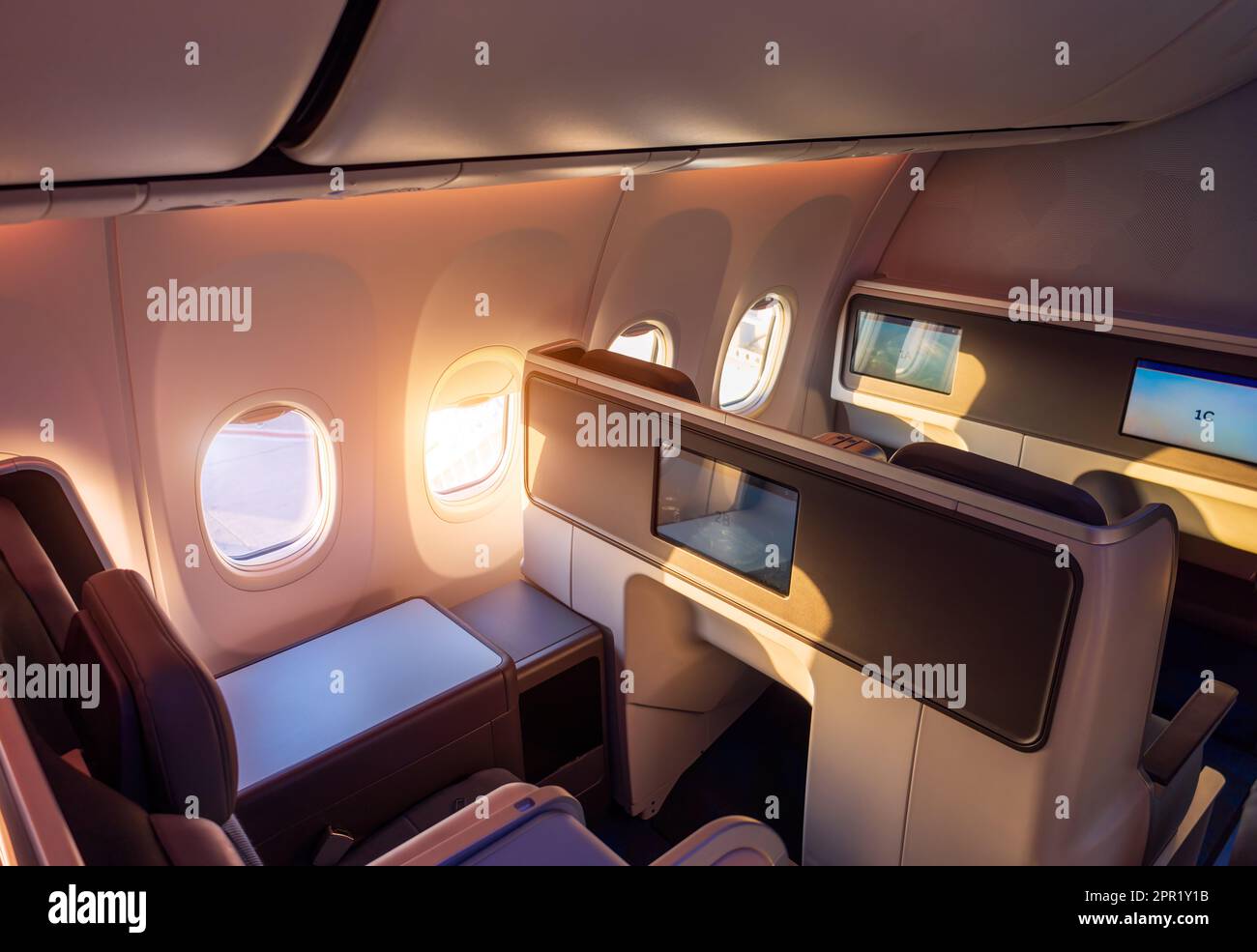 Modern airplane interiors, luxury first class and business class seats ...