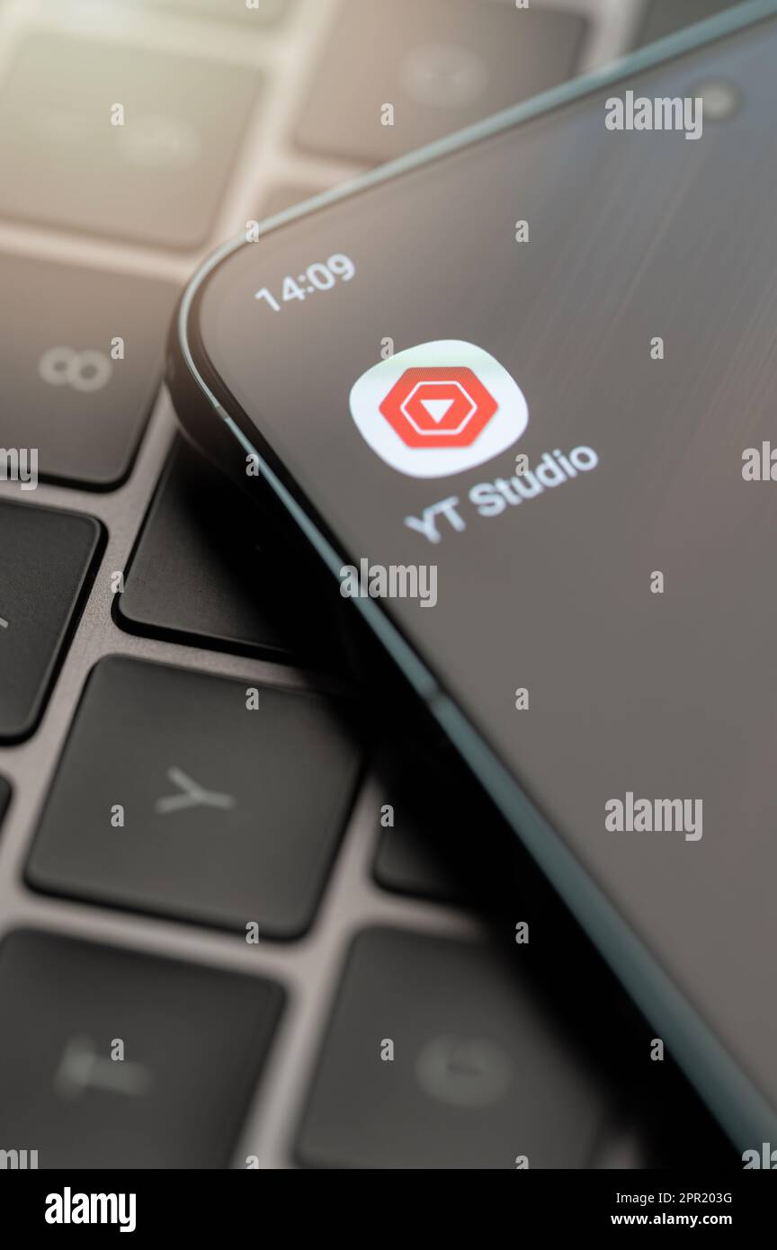 New york, USA - April 25, 2023: Open Youtube studio app on smartphone ...