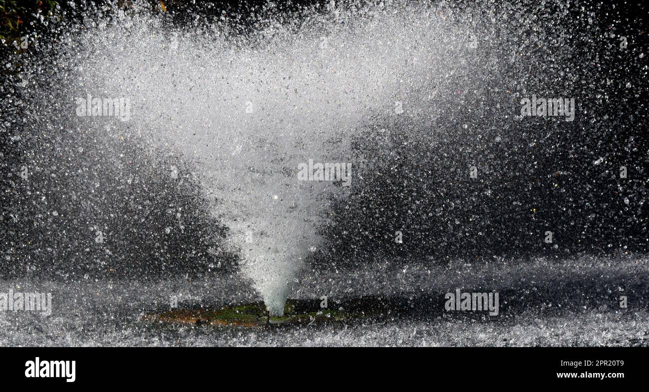 Closeup of water fountain spraying a wide circle of water. Drops are ...