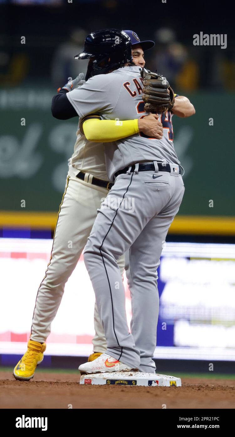 Milwaukee Brewers' Willy Adames (27) and Detroit Tigers' Miguel Cabrera ...