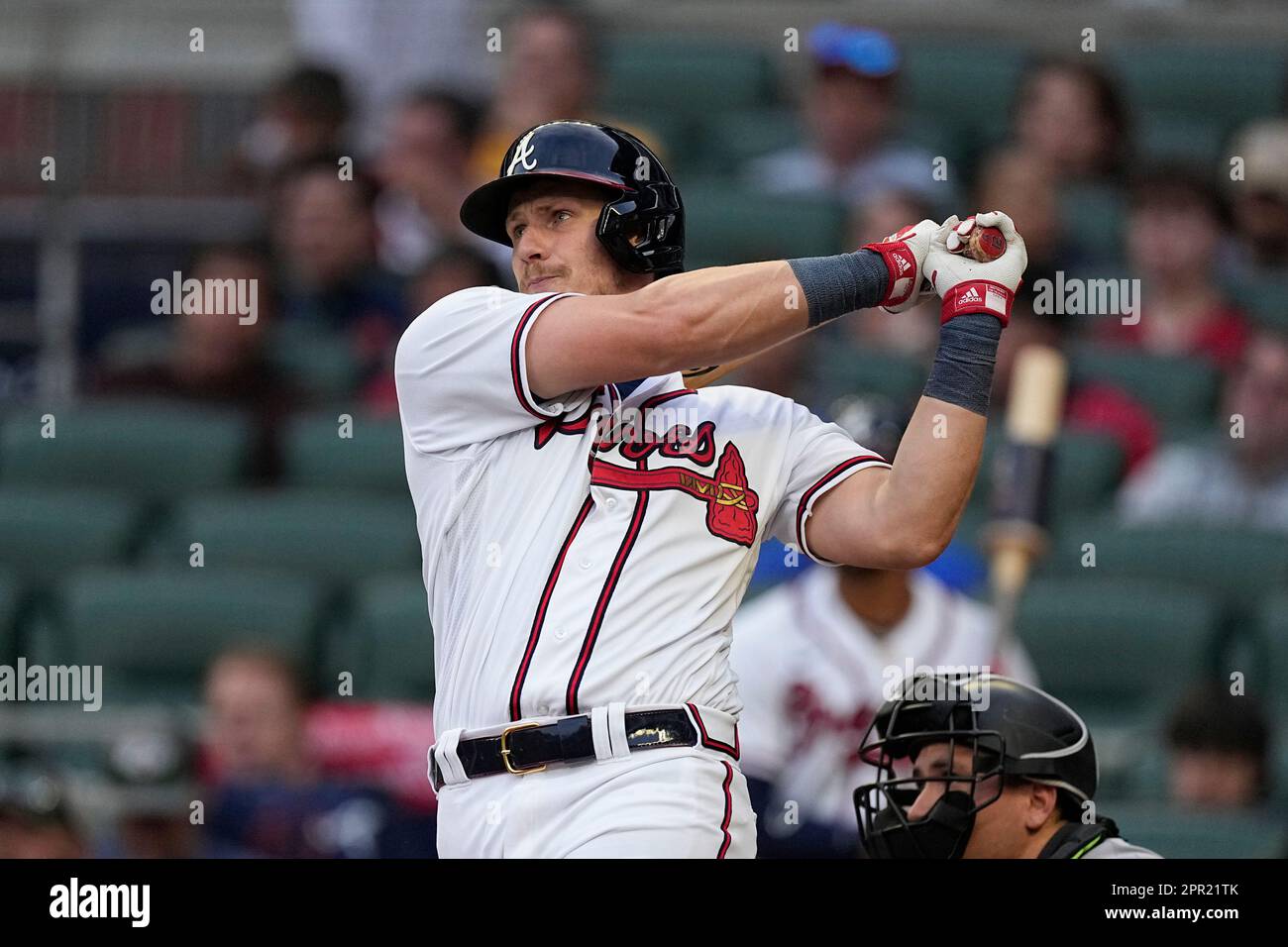 Atlanta Braves catcher Sean Murphy (12) bats Miami Marlins during a baseball game Tuesday, April ...
