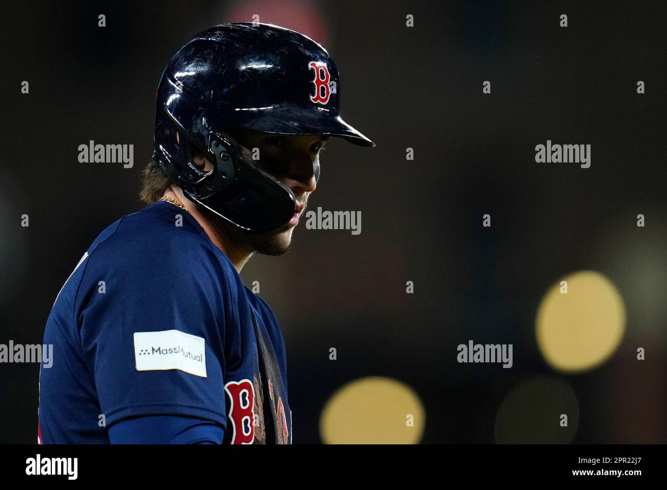 Boston Red Sox's Jarren Duran looks on while standing on third base ...